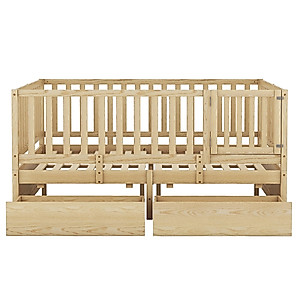 RUNNA Multifunction Full Size Wood Daybed with Fence Guardrails and 2 Drawers, Split into Independent Floor Bed & Daybed for Kids Girls Boys (Natural#8)
