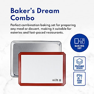 New Star Foodservice 38439 Commercial-Grade 18-Gauge Aluminum Sheet Pan/Bun Pan & Silicone Baking Mat Set, 13" L x 18" W x 1" H (Half Size)
