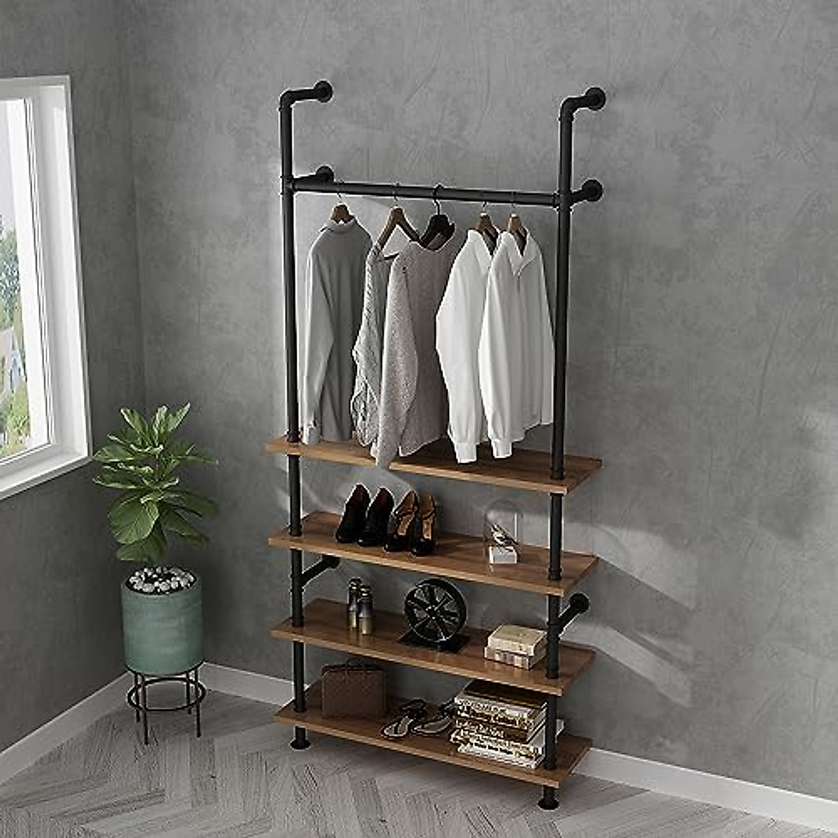 LANJIN Industrial Pipe Clothing Rack,Clothes Rack for Wardrobe, Bedroom and As Walk-in Closet System.Sturdy Clothing Racks for Hanging Clothes,Wall Mounted Heavy Duty Clothes Rack,Black C
