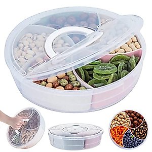 Round Divided Serving Tray Platter with Lid & Handle Storage Container, 5 Colorful Compartment Box Clear Organizer, Compartment Party Platter for Candy, Appetizer, Snack, Fruit, Nuts, Veggie, Parties