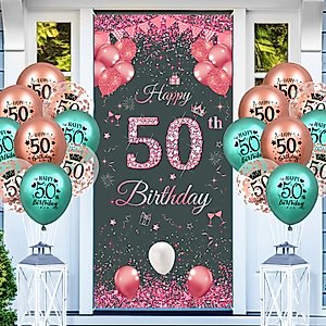 50th Birthday Party Decorations for Women Rose Gold Green Happy 50th Birthday Door Banner and 18 Pcs 50th Birthday Balloons for Women Men 50th Birthday 50 Years Anniversary Party Supplies