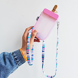 AGUDOU Cute Water Bottles with Straw, Sports Popsicle Water Bottle with Adjustable Shoulder Strap, Creative Portable Ice Cream Popsicle Cup for School Kids Girls Drinking Bottles Camping (pink)