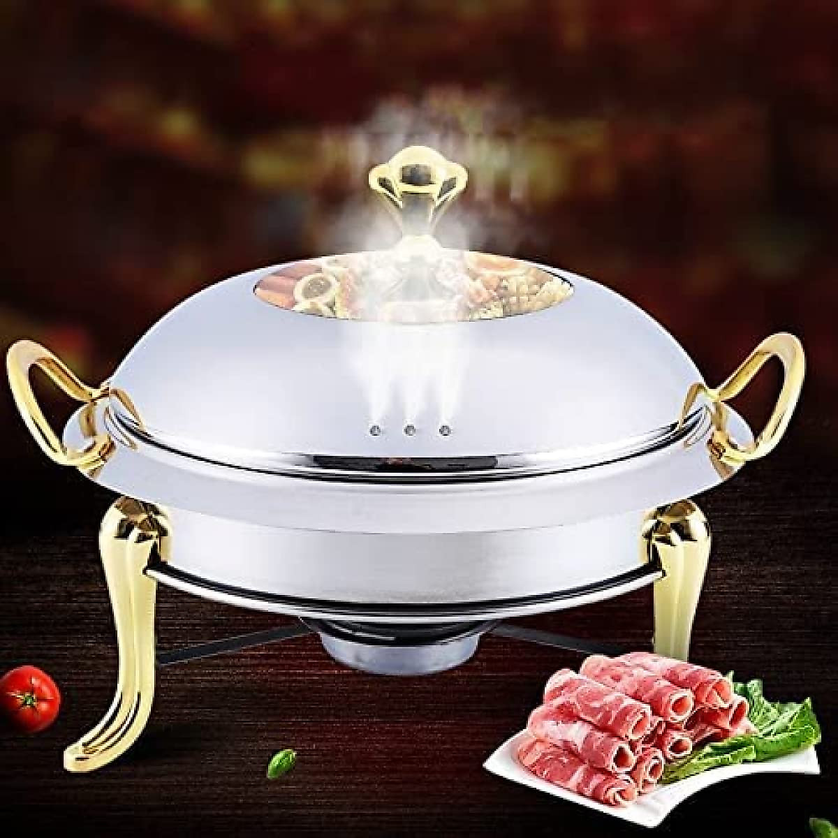 ZJUAN Hotpot Stainless Steel Hotpot Set Mini Hotpot Pot Holder Tempered Glass Lid Gold Silver Chafing Dish Buffet Pan Food Tray Warmer Stainless Steel Shabu Hot Divider Hot Pot Stockpot-Gold||24cm