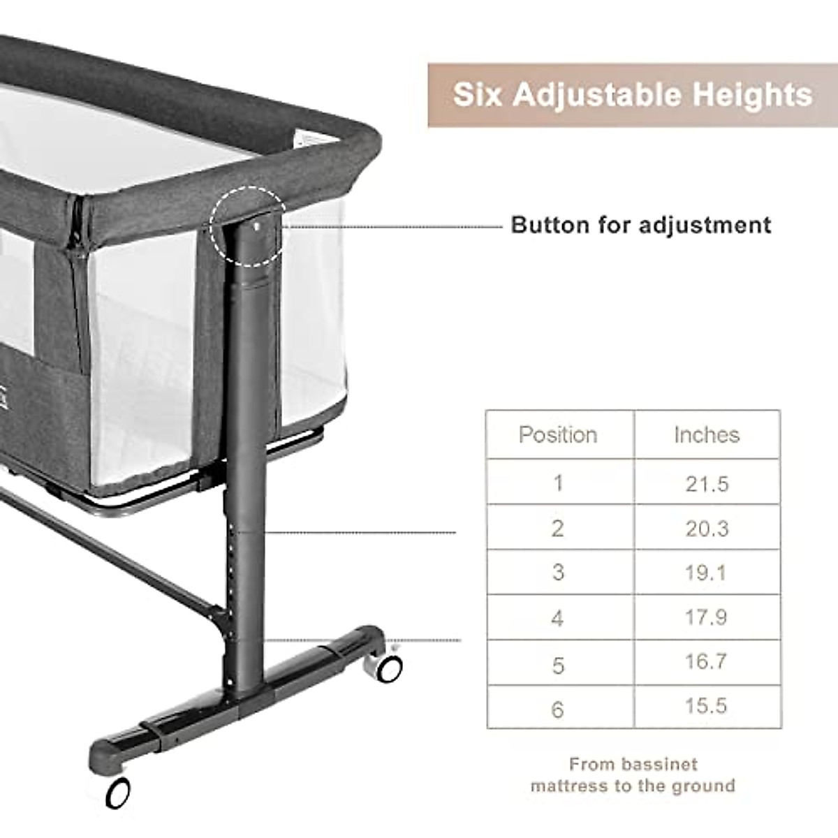 Kinder King Baby Bassinet w/Wheels, Folding Portable Newborn Bedside Sleeper, All-Sided Mesh Infant Crib, Adjustable Height/Angle, Removable Soft Mattress, No Tool to Assemble, Grey