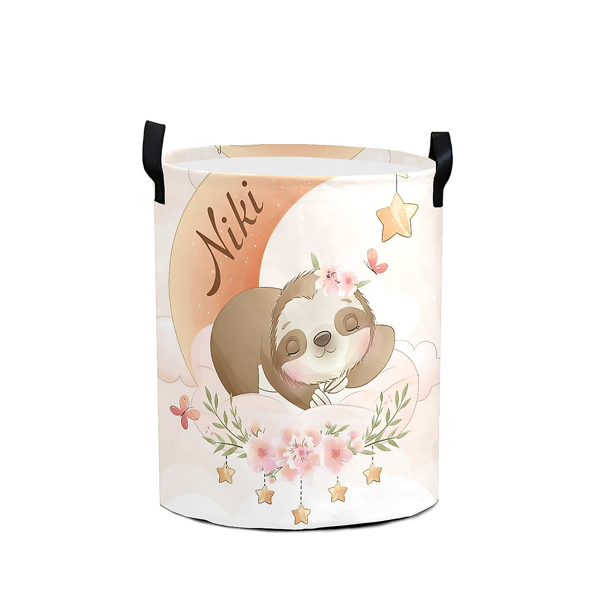 Cute Sloth Floral Round Storage Basket Personalized Name Laundry Basket Waterproof Nursery Hamper with Handle for Living Room Bedroom and Clothes
