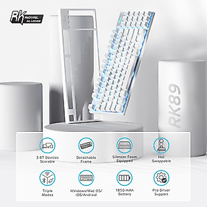 RK ROYAL KLUDGE RK89 85% Triple Mode BT5.0/2.4G/USB-C Hot Swappable Mechanical Keyboard, 89 Keys Compact Mechanical Keyboard with Detachable Frame & Software (Hot-Swappable Red Switch, White)