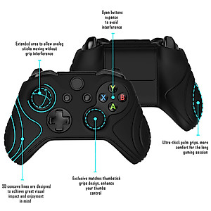 PlayVital Samurai Edition Black Anti-Slip Controller Grip Silicone Skin for Xbox One X/S Controller, Ergonomic Soft Rubber Protective Case Cover for Xbox One S/X Controller with Black Thumb Stick Caps