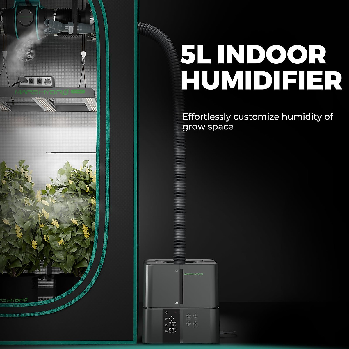 MARS HYDRO Plant Humidifier 5L,with Adjustable Humidity,Timer Function,Ultrasonic Precise and Silent Operation,No-Leak Seal for Grow Tent,Indoor Planting,Greenhouse,Bedroom