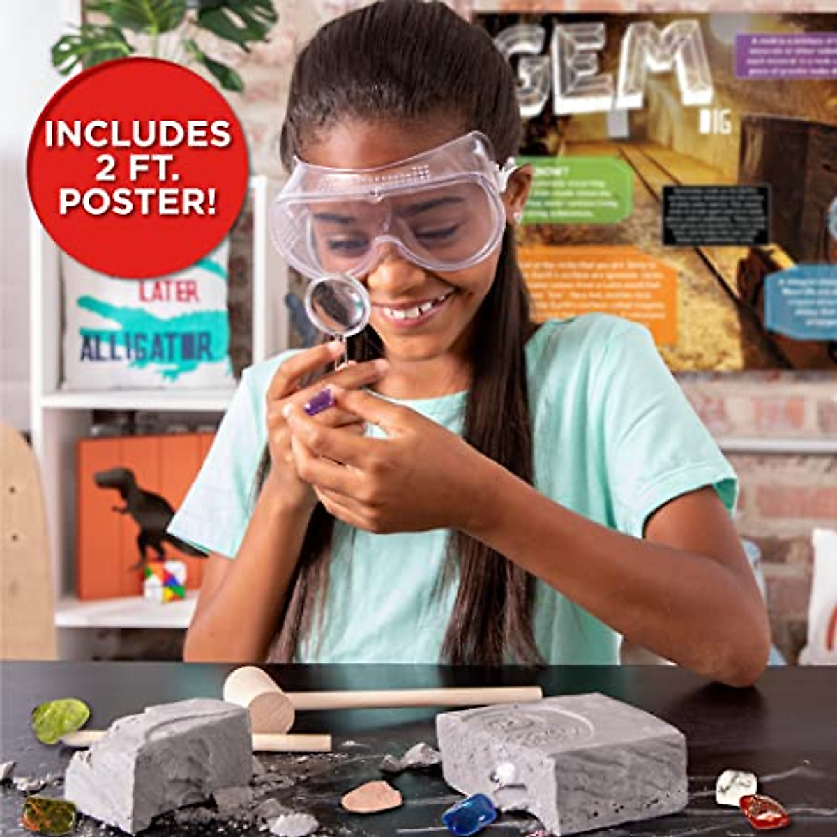 Discovery Kids Gemstone Dig Stem Science Kit by Horizon Group Usa, Excavate, Dig & Reveal 11 Real Gemstones, Includes Goggles, Excavation Tools, Streak Plate, Magnifying Glass & More