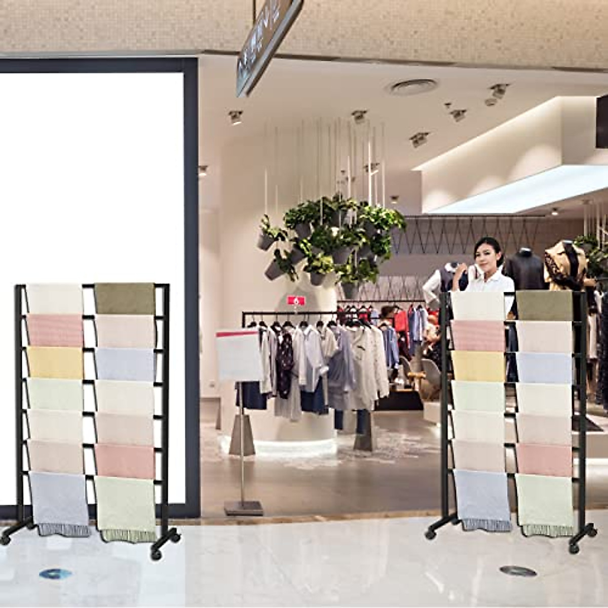 Freestanding Metal Scarf Display Rack with Wheels, Hanging Silk Shawl Fabric Pant Sheet Towel Organizer Rack, Tie Holder, Accessory Storage Rack for Clothing Retail Store Boutiques Home