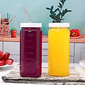 Salzesfalls 16oz Glass Juice Bottles with Lids and Straw,Reusable Juice Bottles with Lids,Travel Drinking Jars with Scale, for Juice,Coffee,Iced Tea,Smoothies,Milk,Set of 9