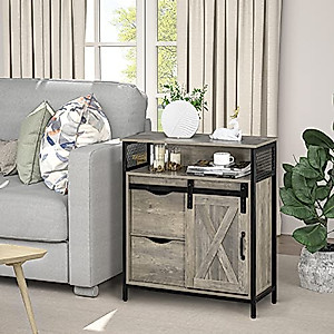 VINGLI Farmhouse Bathroom Floor Storage Cabinet, Rustic Freestanding Cabinet Organizer w/Sliding Barn Door, 2 Large Drawers and Adjustable Shelves (Wash Grey)