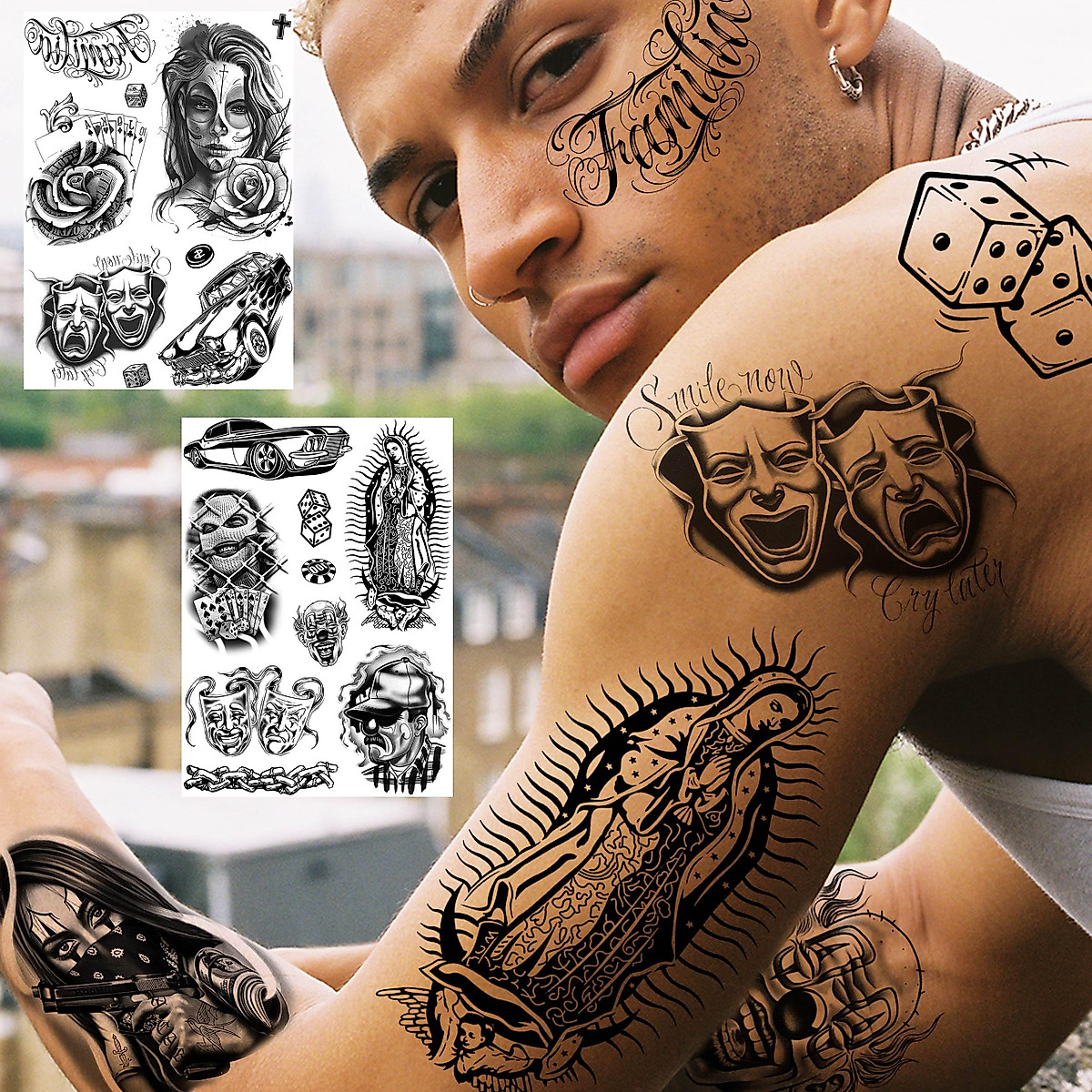 TASROI 6 Sheets Large Chicano Temporary Tattoos For Men Women Adult, Chicana Guadalupe Gangster Fake Tattoos Prisoner Day of the Dead, Halloween Mexico Tattoo Stickers, Tatuajes Temporales Autocolante