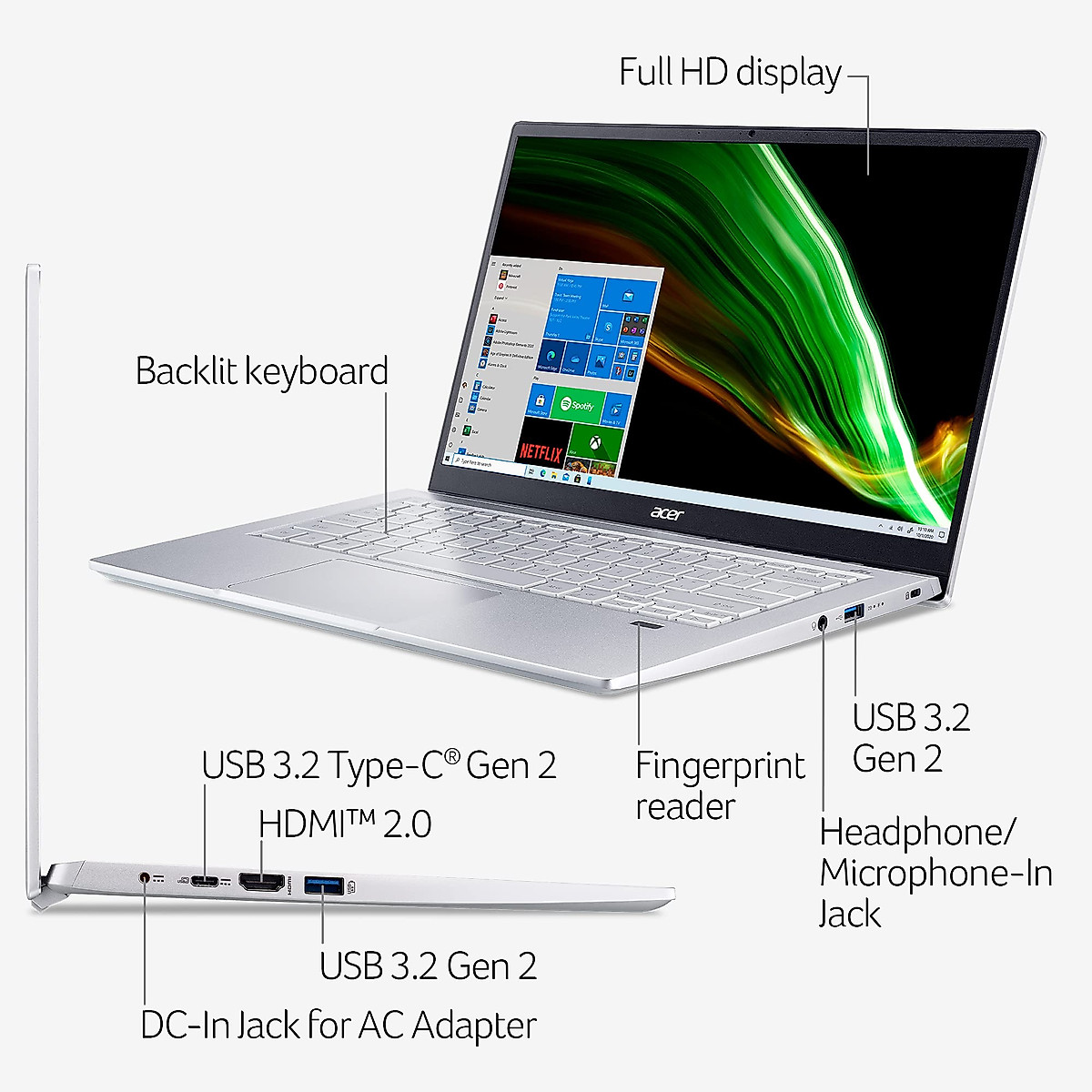 Acer Swift 3 Thin & Light Laptop | 14" Full HD IPS 100% sRGB Display | AMD Ryzen 7 5700U Octa-Core Processor | 8GB LPDDR4X | 512GB NVMe SSD | WiFi 6 | Backlit KB | FPR | Amazon Alexa | SF314-43-R2YY