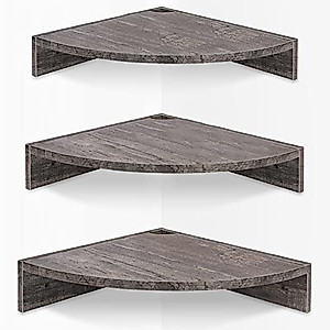 Homode Corner Floating Shelves, Set of 3 Corner Wall Shelves for Storage and Display, 3 Tier Wood Hanging Shelf Organizer for Cable Box, for Bedroom, Bathroom, Kitchen, Rustic Grey