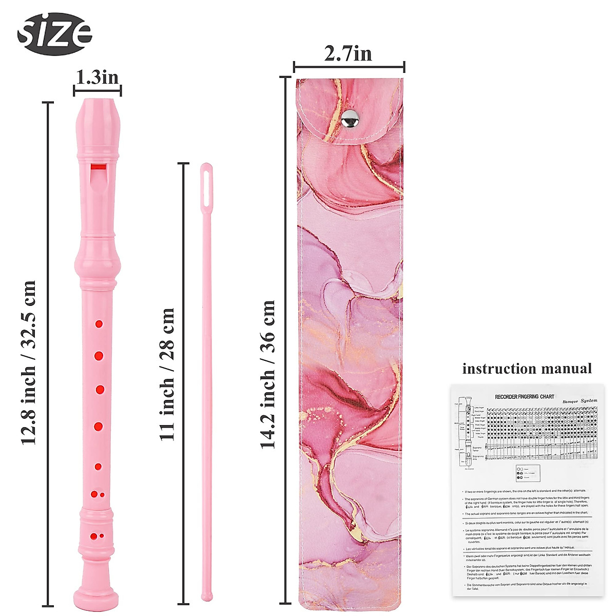Jasenna Recorder Instrument for Beginner Kids Adults,8-Hole Soprano Descant Recorder Music Flute with with Cleaning Rod & Leather Case For School Student Home Entertainment(2-Pink Splash-ink)