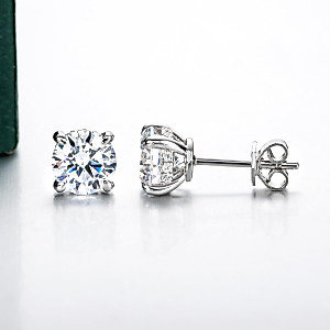 Bo.Dream 2 cttw Round Cut 6.5mm Cubic Zirconia Stud Earrings For Women Faux Diamond 18K White Gold Plated Sterling Silver