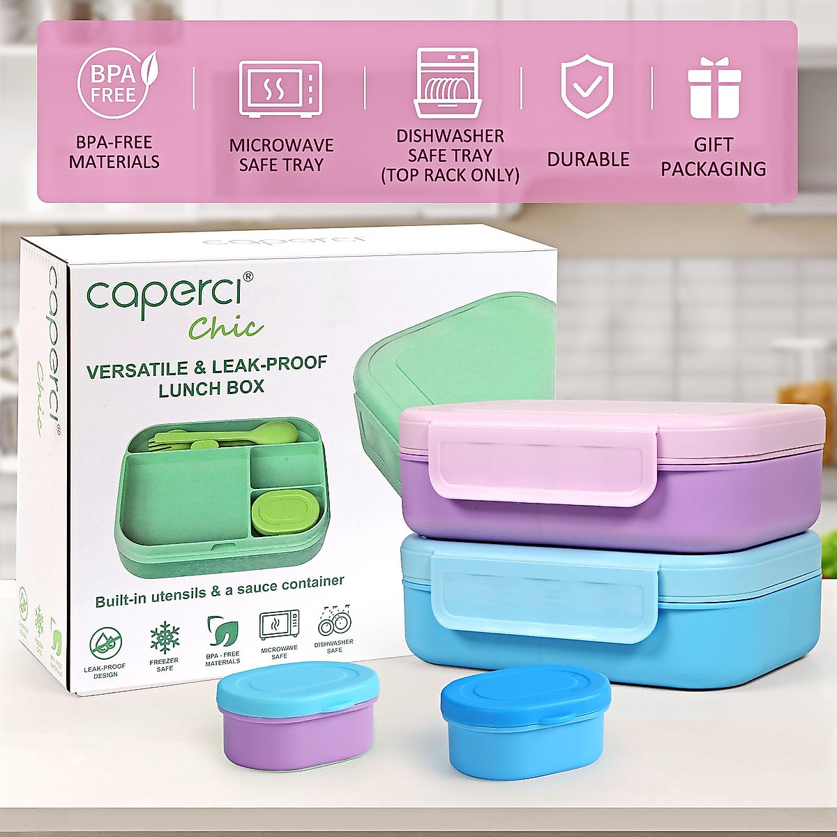 Caperci Bento Box for Kids - Stackable Leakproof Multiple Compartments Lunch Containers for Kids with Sauce Container, 5.8 Cups, Idea for School, On-the-go, Built-in Utensil Set, BPA Free (Purple)