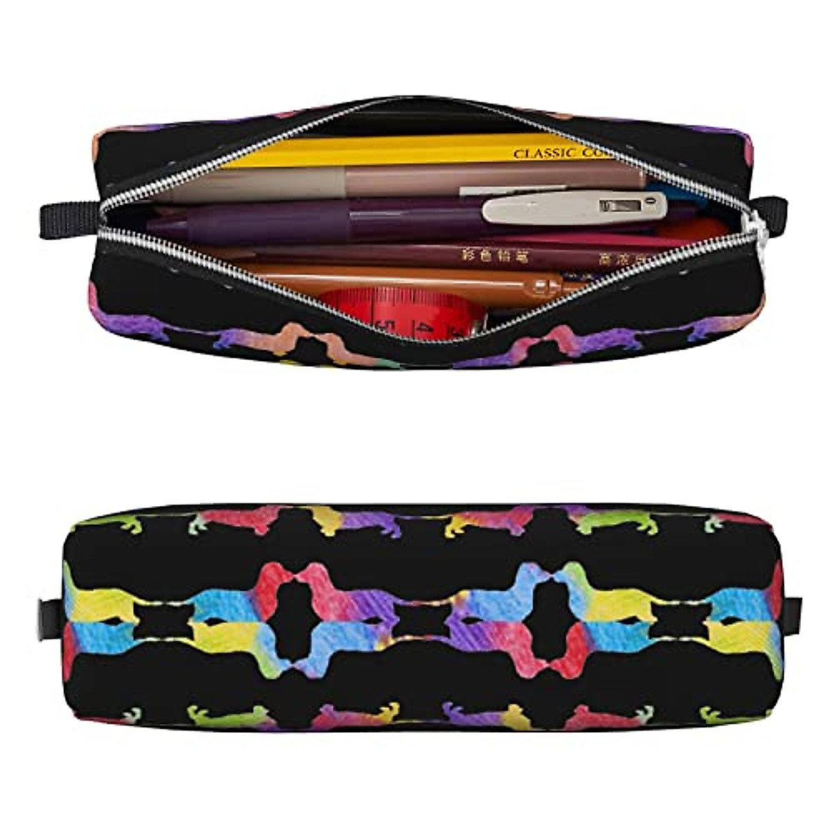 allgobee Pu Leather Pencil Bag Pen Case Watercolor-Daschund-Dog Students Stationery Pouch Pencil Holder Desk Organizer