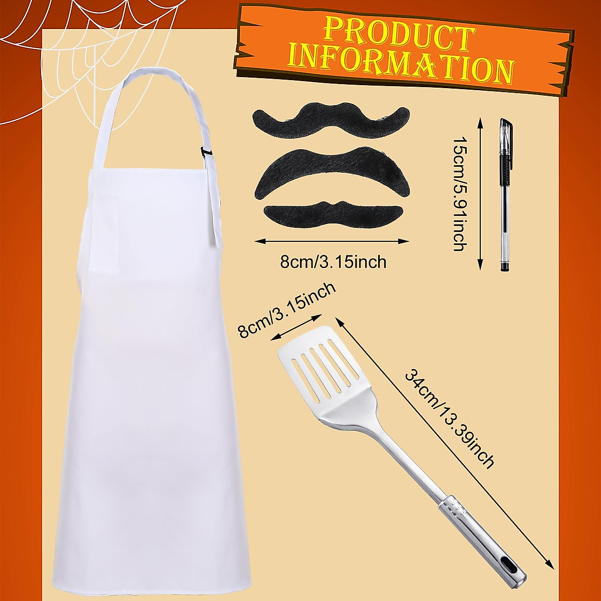 Mepase 6 Pcs Black Mustache Set Kitchen Cooking Slotted Spatula Black Ink Pens Bib Aprons with Pocket for Halloween Cosplay Costume