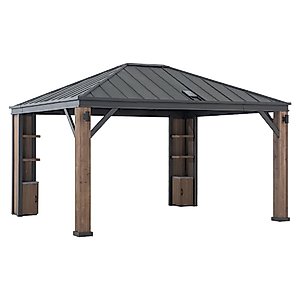 Sunjoy 12 x 14 ft. Hardtop Gazebo with Solar Powered, Cedar Wood Framed Steel Hardtop Gazebo with LED Lighting, Bluetooth Sound and Storage Racks by SummerCove