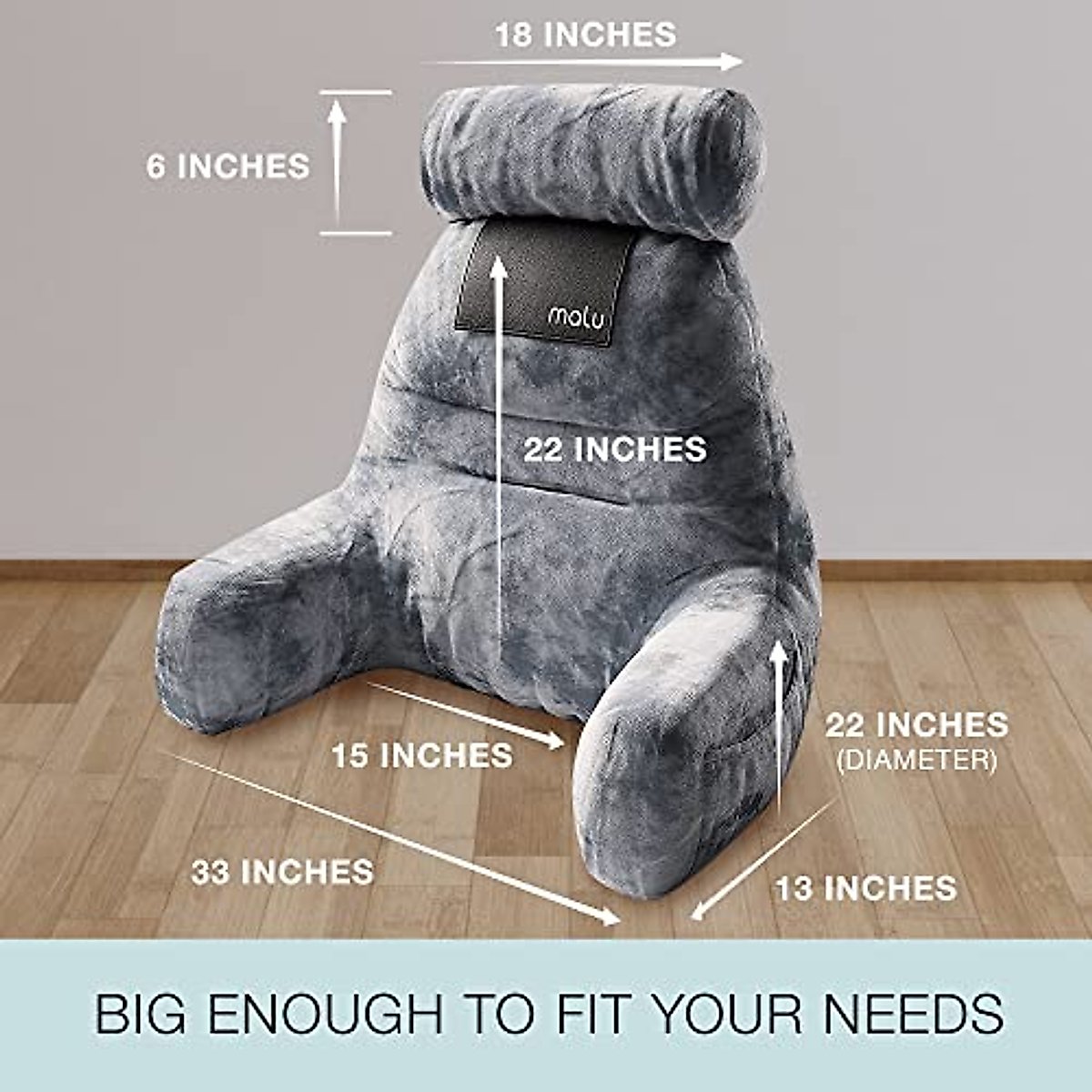 malu Extra Large Reading Pillow- Ergonomic Back Pillow for Bed+ Rolling Mat Neck Support- with Shredded Memory Foam- Sitting Up in Bed, Couch or Floor