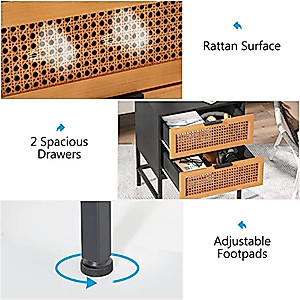 Tribesigns Nightstands with Rattan Drawers, Modern Wood Night Stands, Bedside Table with Storage, Black 2 Drawers End Table, Vintage Sofa Side Table, Retro Bed Side Table Bedroom Living Room(PCS 2)