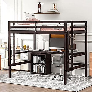 Lifeand Full Size Loft Bed with Desk and Writing Board, Wooden Loft Bed with Desk & 2 Drawers Cabinet,Espresso