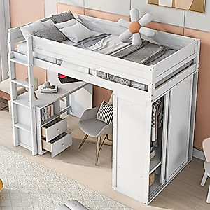 BIADNBZ Twin Size Wood Loft Bed with Desk and Wardrobe, 2 Drawers, Wooden High Loftbed Frame w/A Open Storage Cabinet, for Kids Teens Bedroom Dorm, White