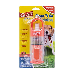 Glad for Pets Clean & Go Waste Bag Dispenser & Antibacterial Soothing Aloe Hand Sanitizer Spray | With Poop Bag Holder, 15 Bags in Tropical Breeze Scent & Mini Hand Sanitizer