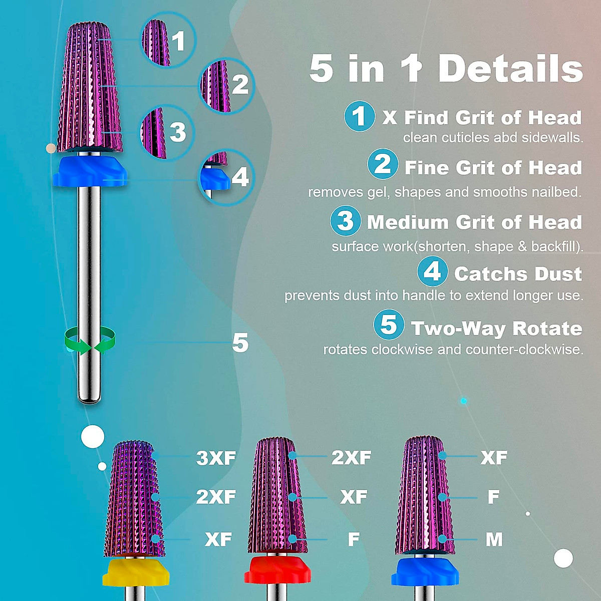 3Pcs Carbide 5 in 1 Nail Drill Bit Set- Two Way Rotate Use for Both Left and Right Handed- XF， F， M 3/32 Inches Brocas Para Drill Nails for Acrylic Nail Gel Fast Remove