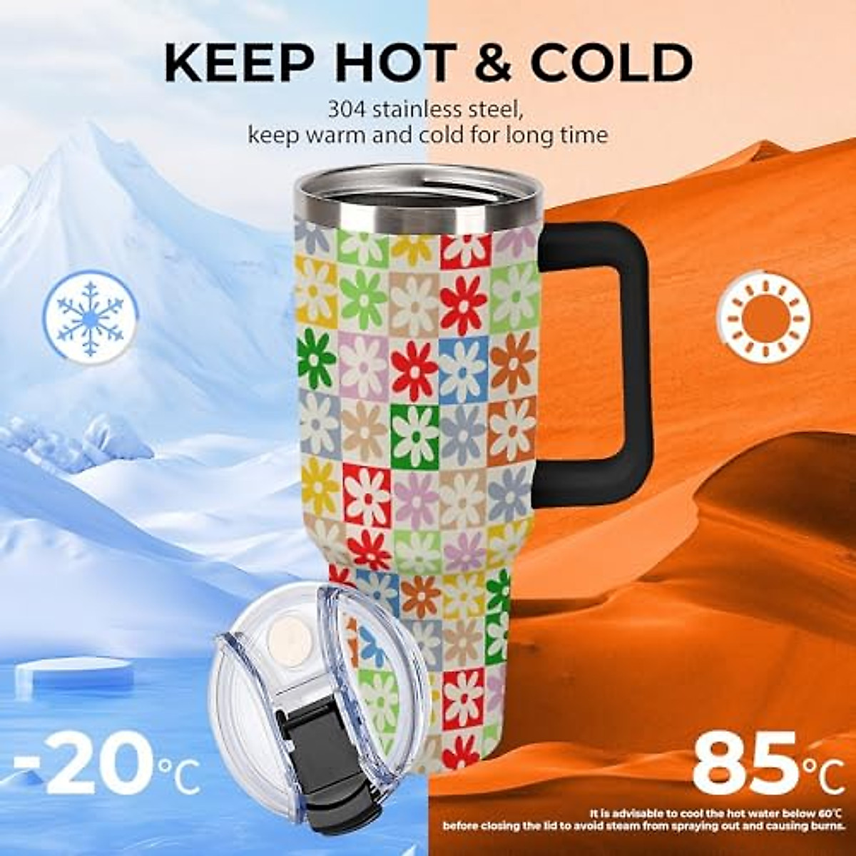 KPLBNAS Colorful Bold Aesthetic Checkered Flower Pattern 40 Oz Tumbler with Handle And Straw Lid, Insulated Reusable Stainless Steel Travel Mug Travel Mug for Hot And Cold Stainless Steel Vacuum Mug