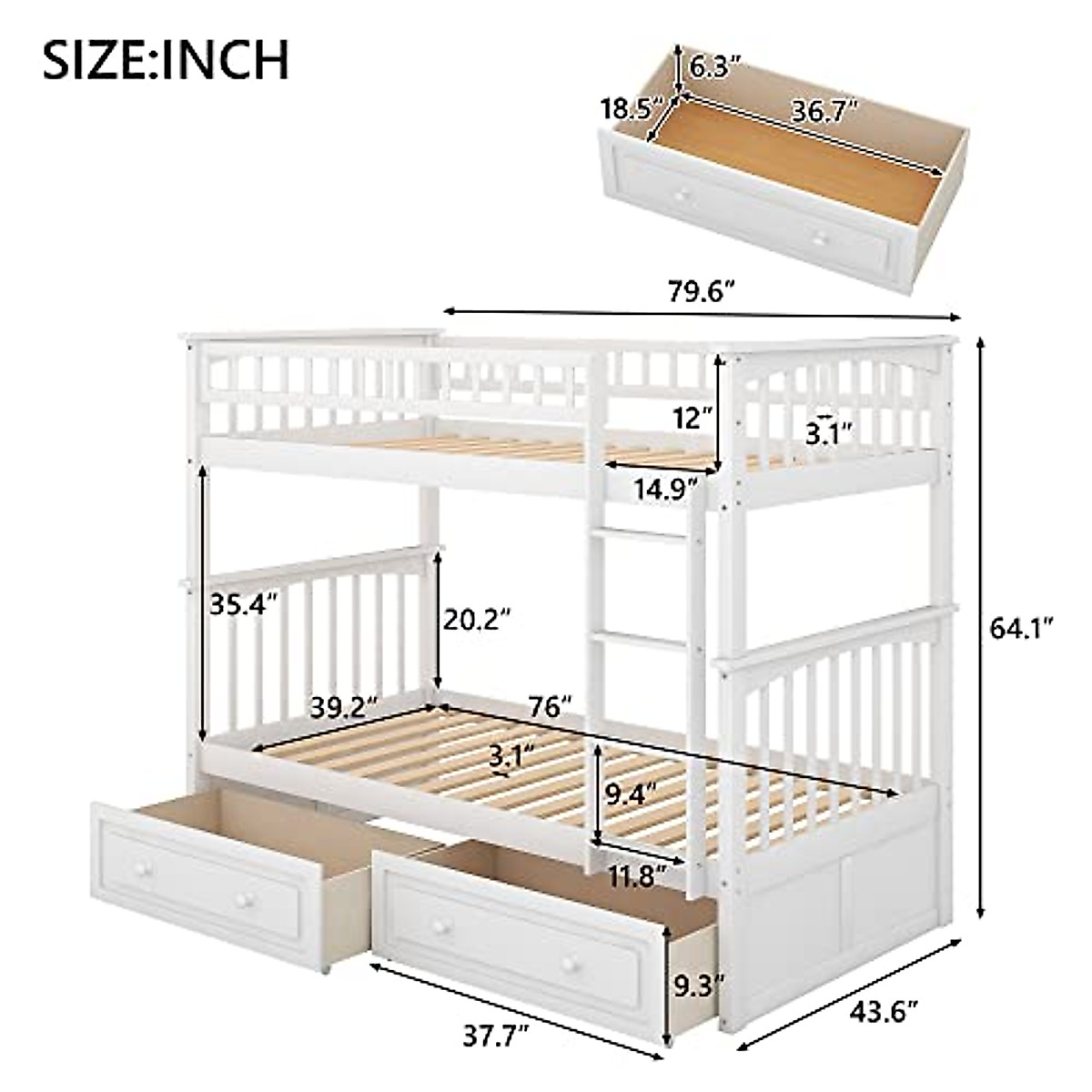 GLORHOME Twin Over Twin Wood Convertible Bunk Bed with Storage Drawers and Full Length Safety Guard Rails,Space Saving Bedroom Furniture, Can Be Converted into 2 Beds