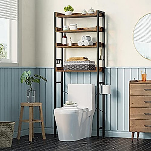 Rolanstar Over The Toilet Storage Rack, 4-Tier Bathroom Space Saver with Adjustable Shelves, Bathroom Organizer for Bathroom Washroom, Rustic Brown