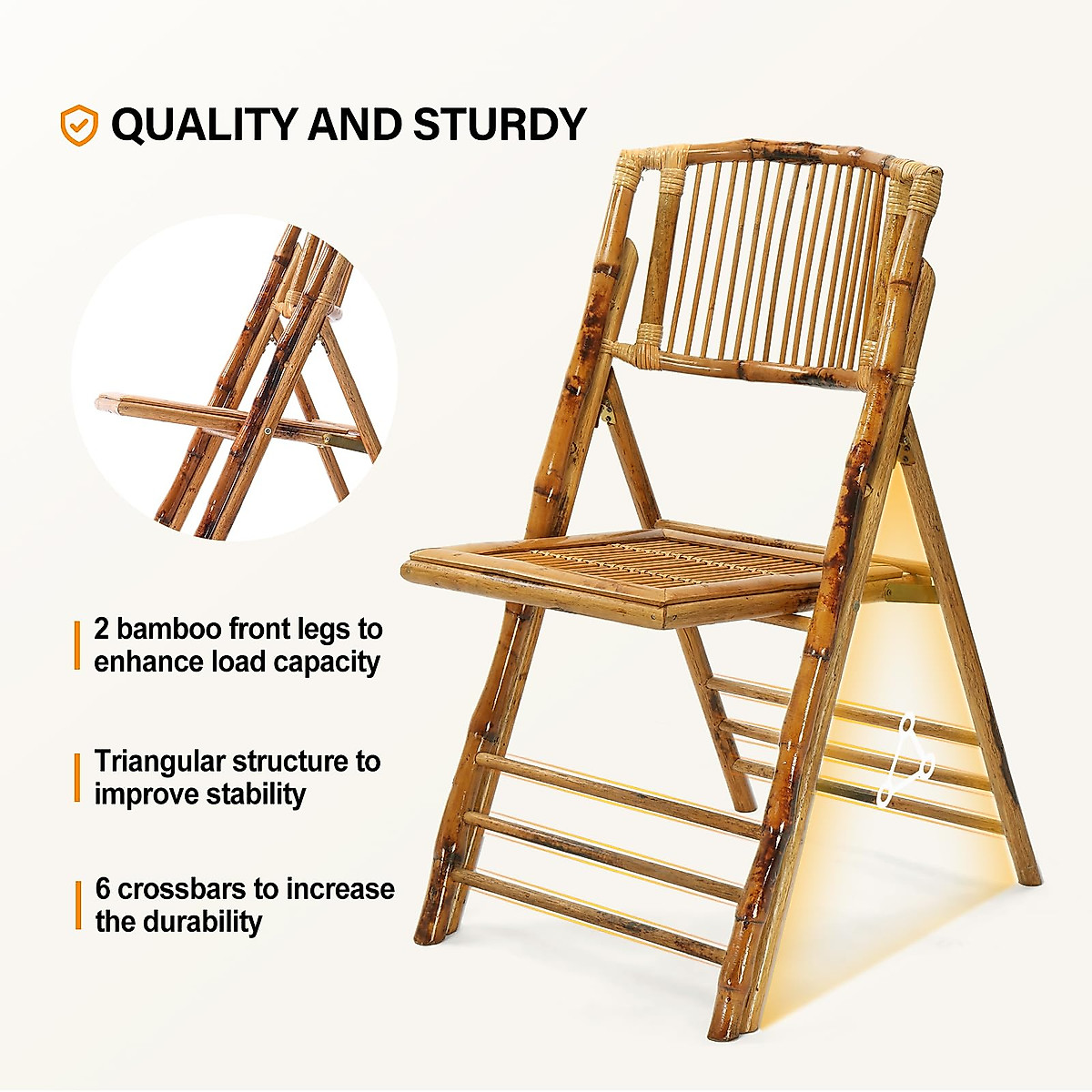 VINGLI Bamboo Folding Chair, Foldable Dining Wood Chairs Comfortable Seat for Outdoor & Indoor, Patio, Porch, Wedding, Party, Event, 4 Pack