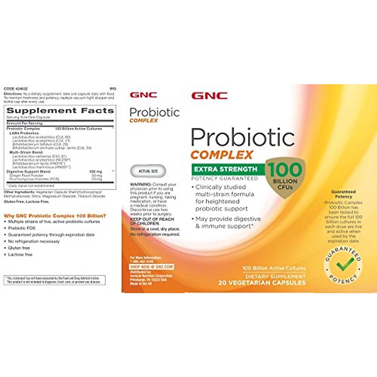 GNC Probiotic Complex Extra Strength with 100 Billion CFUs | for Heightened Probiotic Support and Digestive & Immune Support, Vegetarian | 20 Capsules