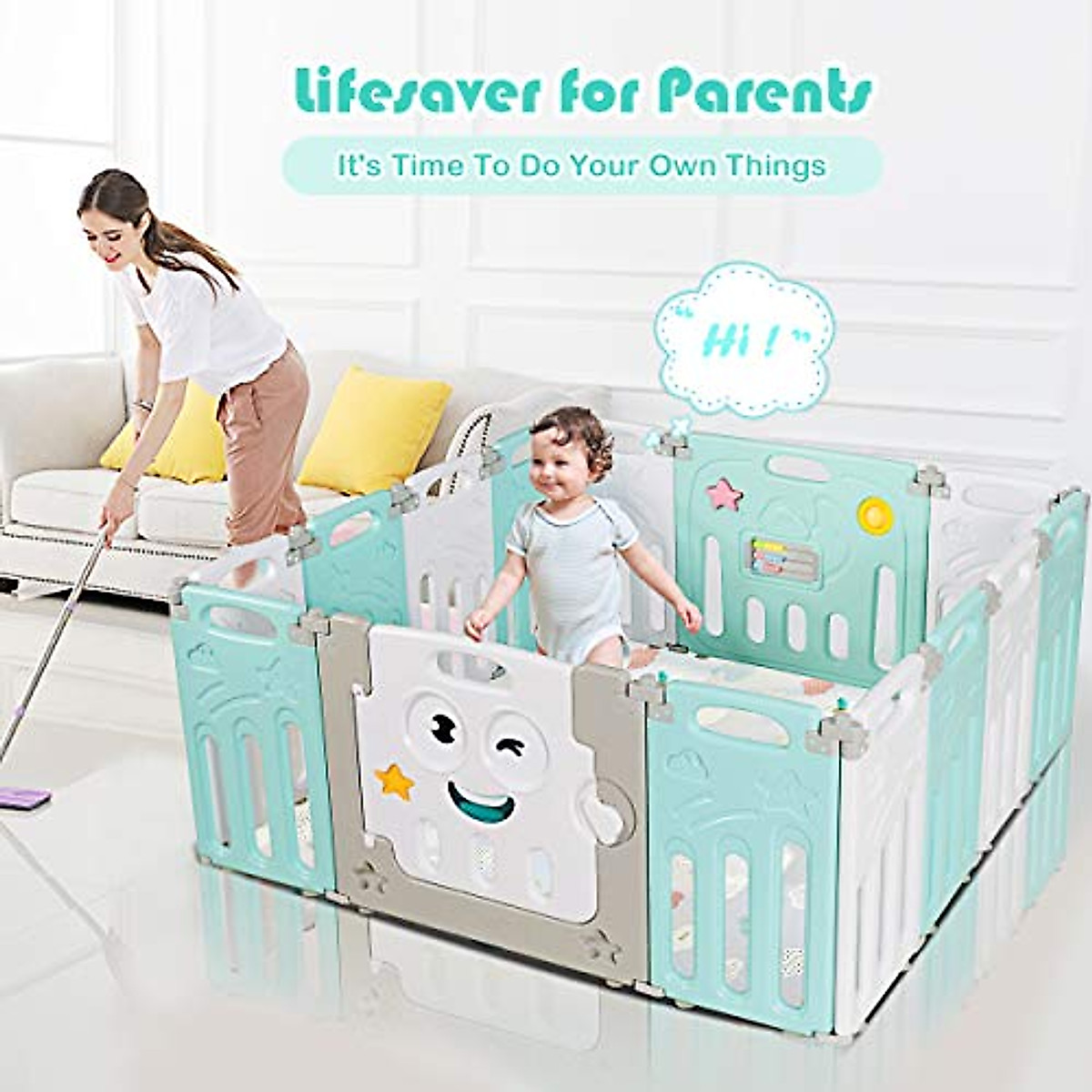 Costzon Foldable Baby Playpen, 14-Panel Baby Play Yards with Lock Door & Anti-Slip Rubber Bases, Indoor Outdoor Safety Baby Fence with Adjustable Shape for Children Toddlers (14 Panel, Green + White)