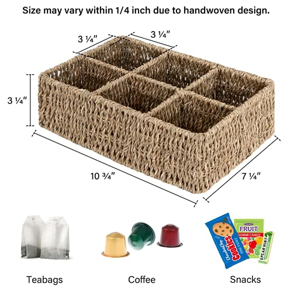 StorageWorks Tea Bag Organizers, Small Wicker Baskets with 6 Sections, Coffee and Tea Organizers for Coffee Bar, Shelves, Countertop, Seagrass Baskets for Organizing, 2Pack