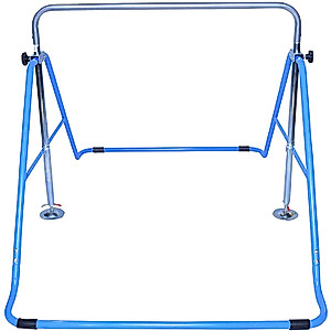 Gymnastics Training Bar for Kids Home Expandable Folding Kip Bar 4 in 1 Set with Swing Seat, 2 Trapeze Rings | Horizontal Bar Junior Gymnastic Equipment Height Adjustable Monkey Bars Jungle Gym Blue