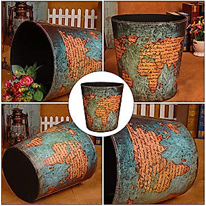 DOITOOL Retro Decorative Trash Can PU Leather Wastebasket Without Lid Waterproof Wastebasket 10 L/ 2.6 Gallon Capacity for Kitchen, Office, Living Room, Bedroom (Map)