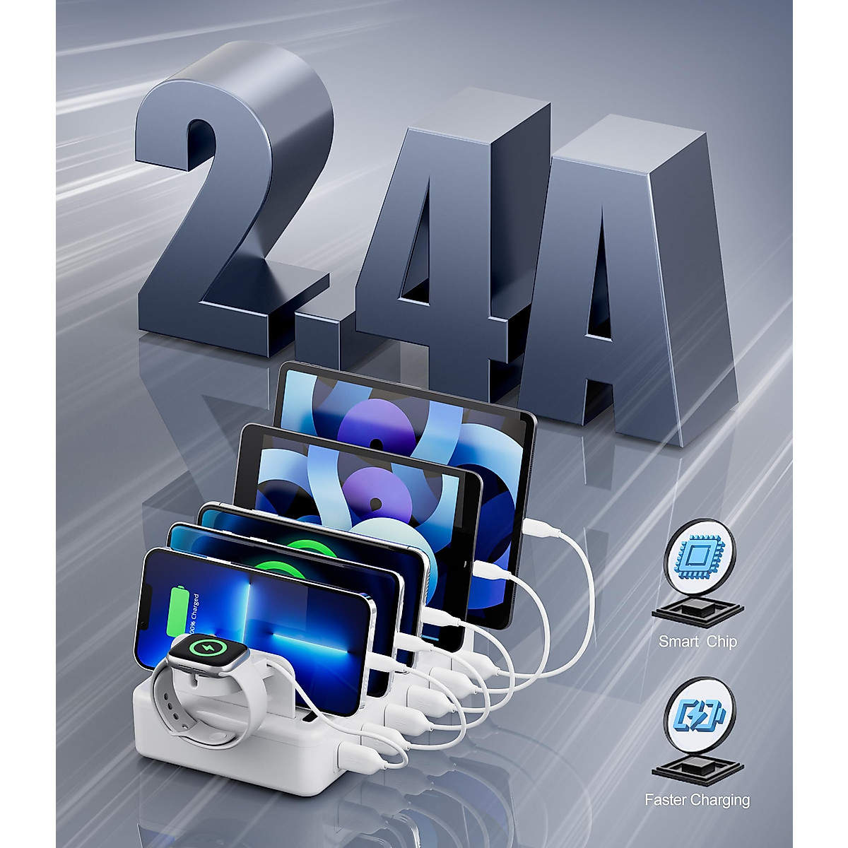 Honcila Charging Station for Multiple Devices, 6 Port 50W Fast Multi Charger Station Charging Dock with 6 Mixed Charging Cables for iPhone, iPad, Kindle, Tablet, Cellphone and Others