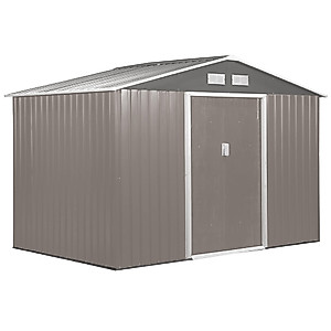Outsunny 9' x 6' Outdoor Storage Shed, Garden Tool Metal Shed with Foundation Kit, Double Lockable Door, Air Vents and Sloping Roof, for Backyard, Patio, Lawn, Gray