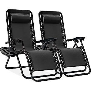 Best Choice Products Set of 2 Adjustable Steel Mesh Zero Gravity Lounge Chair Recliners w/Pillows and Cup Holder Trays, Black