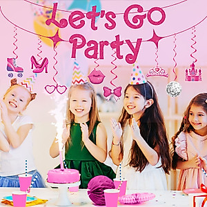 Pink Princess Birthday Hanging Decorations, with 1pcs No Diy Lets Go Party Banner And 8pcs Pink Princess Hanging Swirls, Pink Disco Party Decorations, Pink Bachelorette Party Decorations