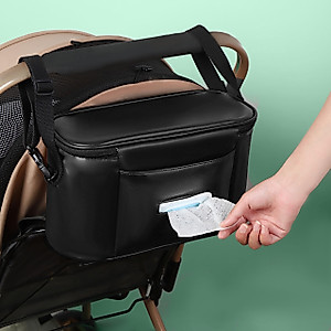 Universal Stroller Organizer with Insulated Cup Holder Detachable Phone Bag & Shoulder Strap, Fits for Stroller Like Uppababy, Baby Jogger, Britax, BOB, Umbrella and Pet Stroller (Black)