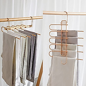 Pants Hangers Space Saving,Closet Hangers 5 Layers 2 Uses Multi Functional Pants Rack,Metal Heavy Duty Wardrobe Organizer Racks for Clothes Trousers Scarves Ties (Gold)