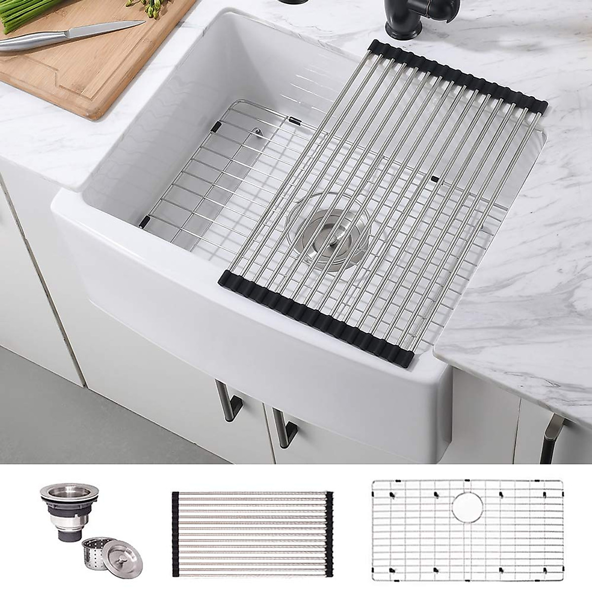 Hovheir 24 Inch Fireclay Farmhouse Kitchen Sink, 24 Laundry Sink White Fireclay Kitchen Sink Apron Sink with Accessories Farm Sink Single Bowl Kitchen Sink