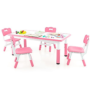 HONEY JOY Kids Table and Chair Set, Height Adjustable Children Activity Table and 4 Chairs Set w/Erasable Graffiti Desktop, Toddler Table and Chair Set for Daycare, Classroom, Home (Pink)