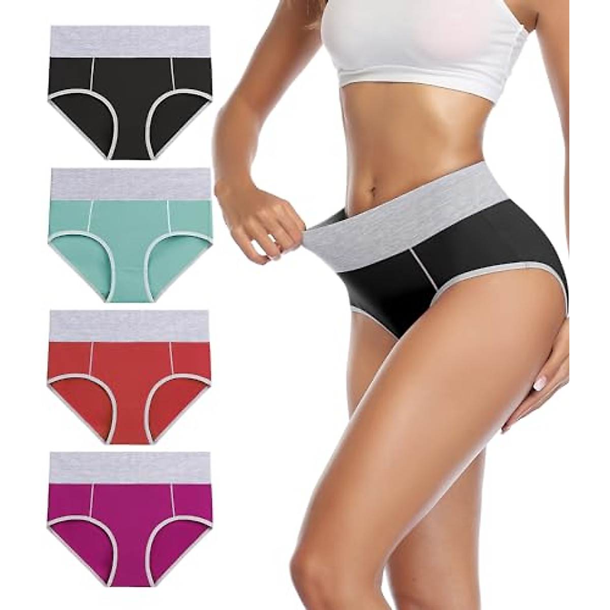 wirarpa Women's Cotton Underwear High Waist Stretch Briefs Soft Underpants Breathable Panties 4 Pack Large