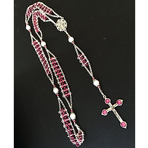 elegantmedical Ladder to Heaven Rose Pink Crystal & AAA10MM Real Pearl BEADS CATHOLIC ROSARY CROSS NECKLACE Sterling Silver beads caps